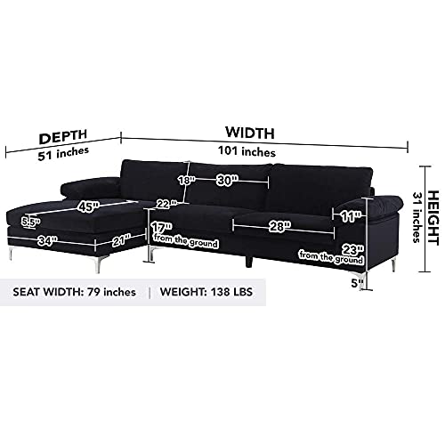 Casa Andrea Milano Modern Velvet Fabric Sectional Sofa, L-Shape Couch with Extra Wide Chaise Lounge