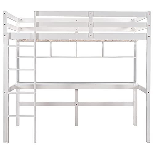 DEYOBED Twin Size Wooden Loft Bed Frame with Desk, Shelves for Kids Teens Adults