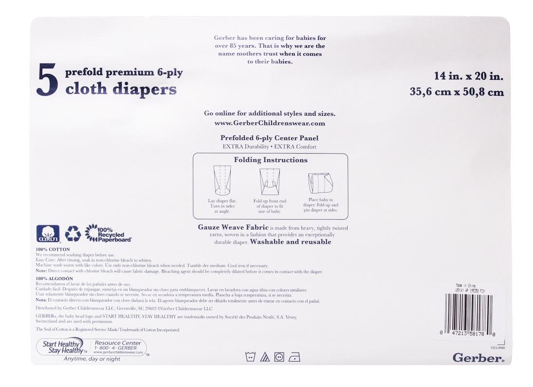 Gerber Prefold Premium 6-Ply Cloth Diapers, 5-Pack
