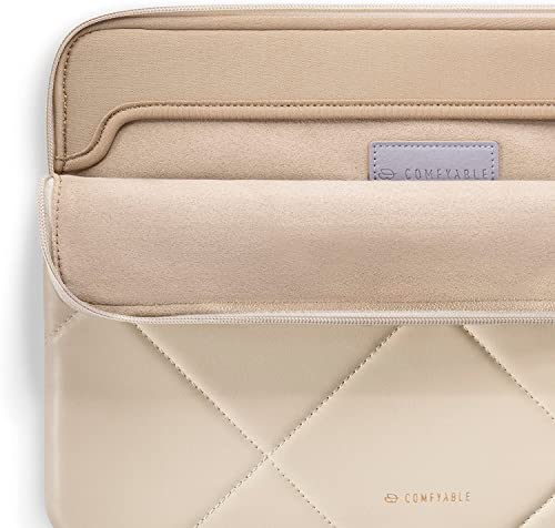 Comfyable Slim Cute Laptop Sleeve 13 Inch 14 Inch Compatible for MacBook Air M2 M1, MacBook Pro 13-14 Inch M2 M1 2023-2020, Quilted Faux Leather Laptop Computer Carrying Mac Case for Women, Beige