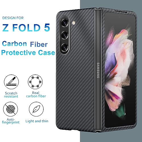 for Samsung Galaxy Z Fold 5 Carbon Fiber Case 7.6" 5G, Slim and Thin Aramid Protective Cover 0.03in 0.4oz, Lightweight, Anti-Scratch Protector, Supports Wireless Charging, Black