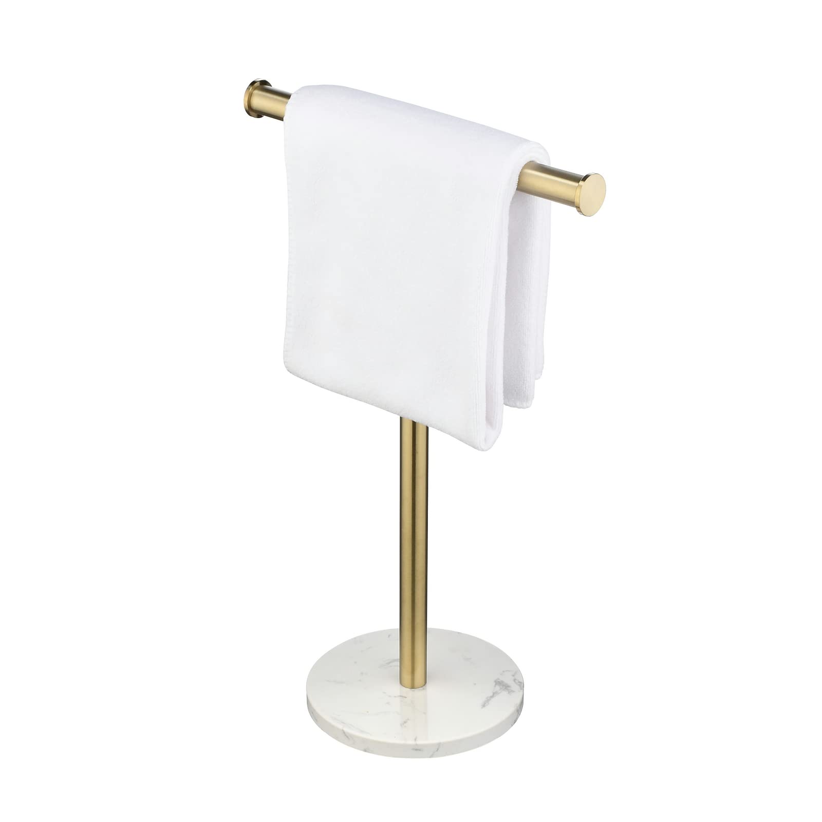 Hand Towel Holder Stand with Marble Base, Single T-Shape Brushed Gold Towel Rack, Hand Towel Stand for Bathroom Countertop,Gold Freestanding Towel Rack