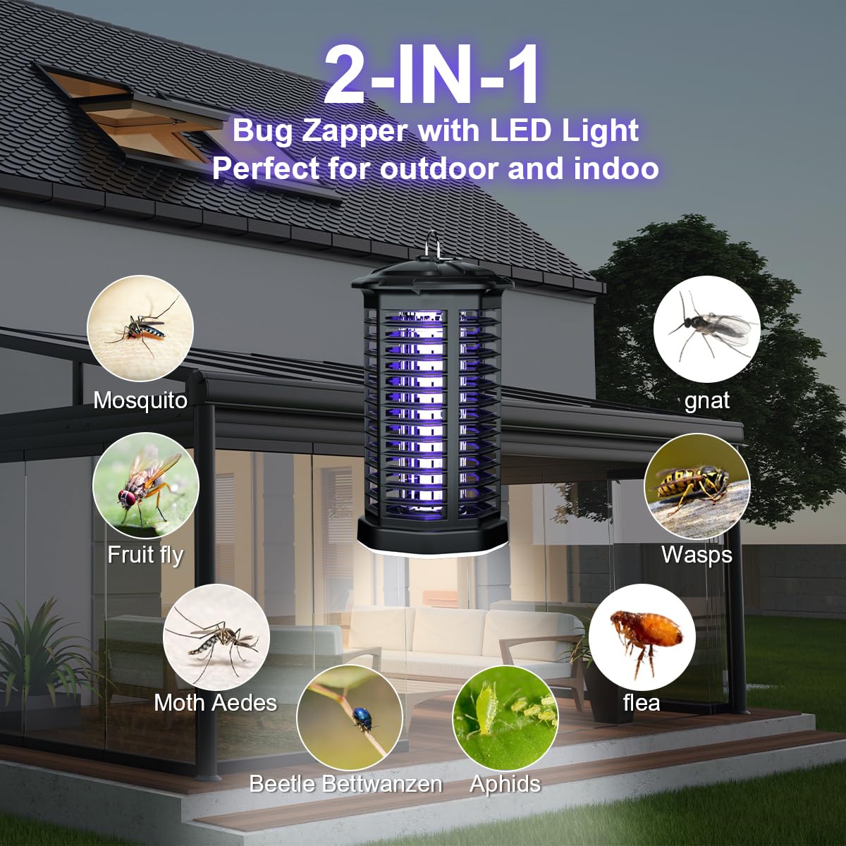 Bug Zapper with Led Light - Powerful Electric Mosquito Zapper Fly Killer for Indoor - Metal Mesh, Insect Fly Trap Indoor Mosquito Killer for Home, Garden, Patio, Backyard (15W)