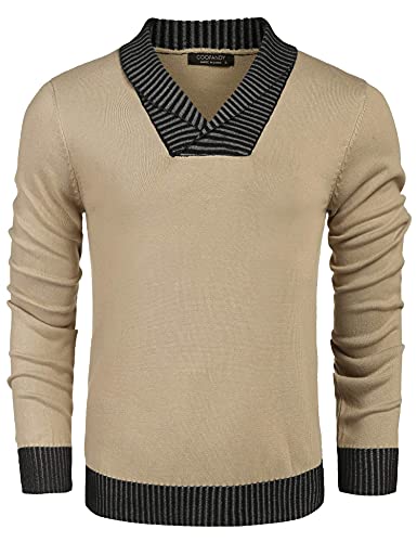 COOFANDY Mens Shawl Collar Knitted Sweater Casual Long Sleeve Pullover Khaki