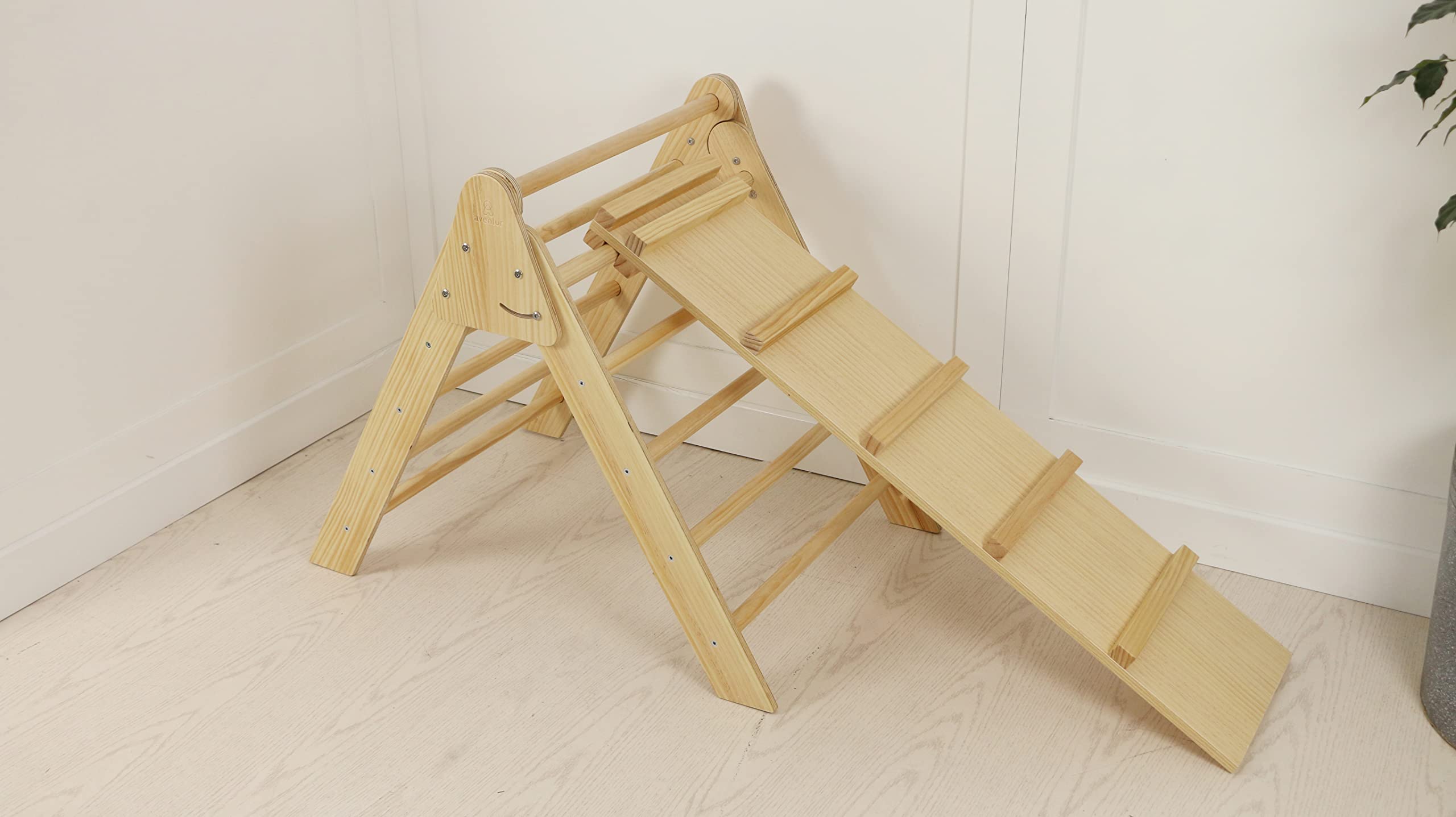 Avenlur Olive 3 in 1 Foldable Triangle Ladder and Slide - Montessori Climbing Set - Indoor Wood Climbing Gym for Children Ages 1 to 6 Years - Baby Climbing Triangle (Natural, Medium)