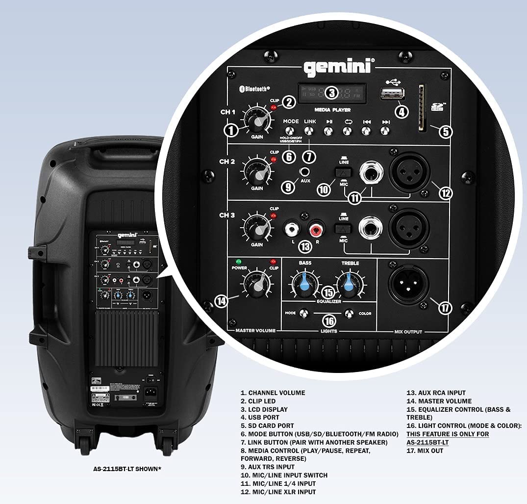Gemini Sound AS-2115BT-LT Active 2000W Watt Party LED Light 15 Inch Woofer Powered Stage DJ Monitor Bluetooth PA Speaker, Wireless Stereo Pairing, Portable Fly Points