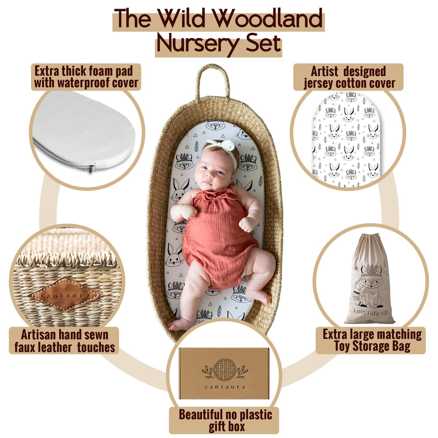 Sansaura Nursery Set - Seagrass Baby Changing Basket, Diaper Basket, with Thick Waterproof Pad & 100% Cotton Fitted Sheet, Toy Storage Bag, Woodland Designs, Shower Gift for Newborns, Boho nursery