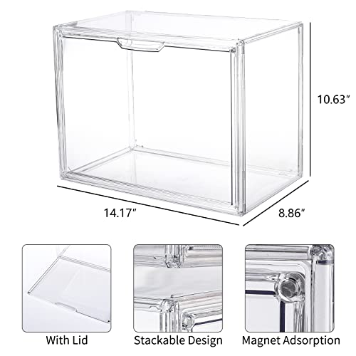 FABROK 2Pcs Clear Book Storage Organizer Box, Plastic Stackable Book Display Case with Magnetic Door, Assemble Storage Showcase for Toy Dolls, Books, Shoes Organizing