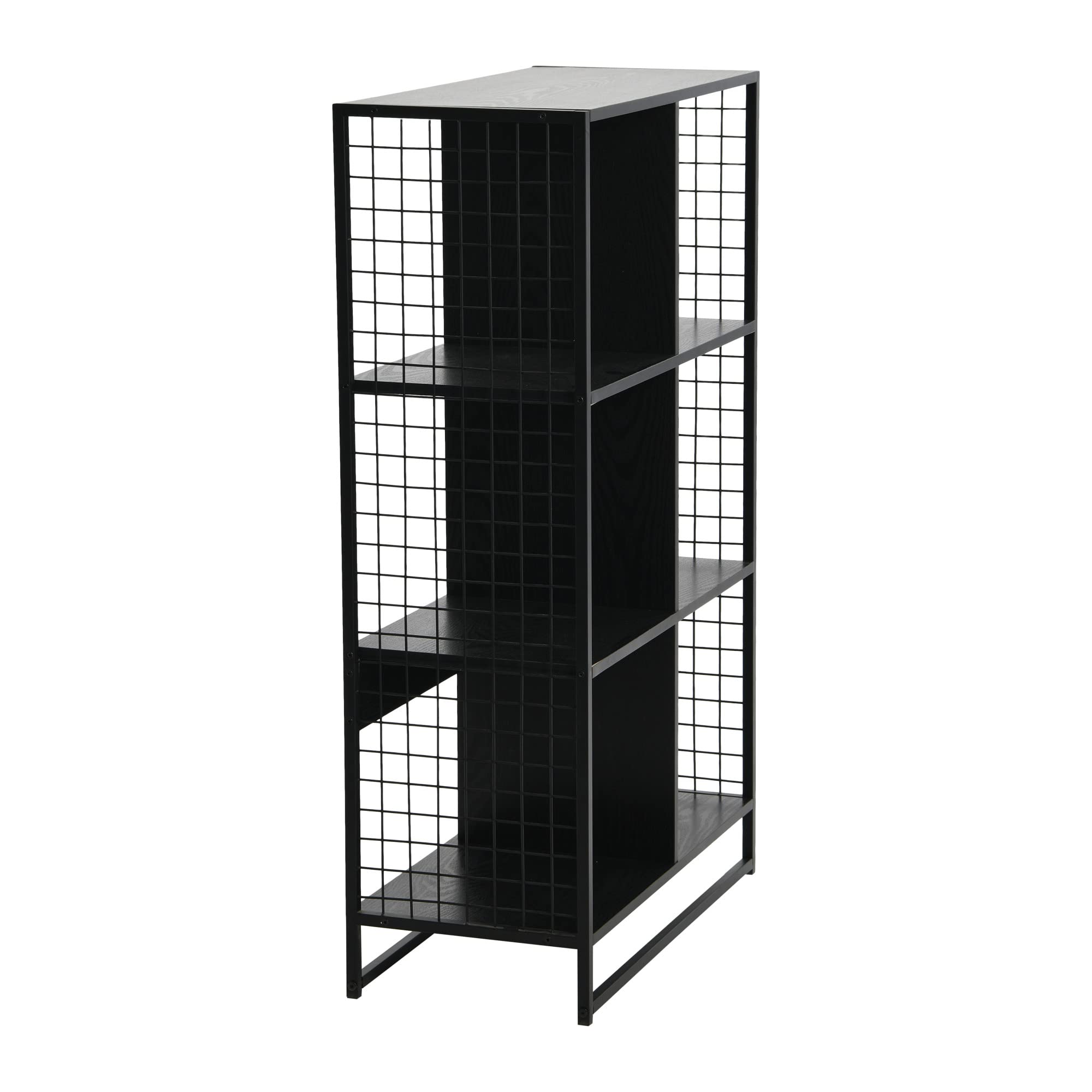 Household Essentials Trellis Open Storage Bookshelf with 6 Cube Compartments Black Oak Wood Grain and Black Metal