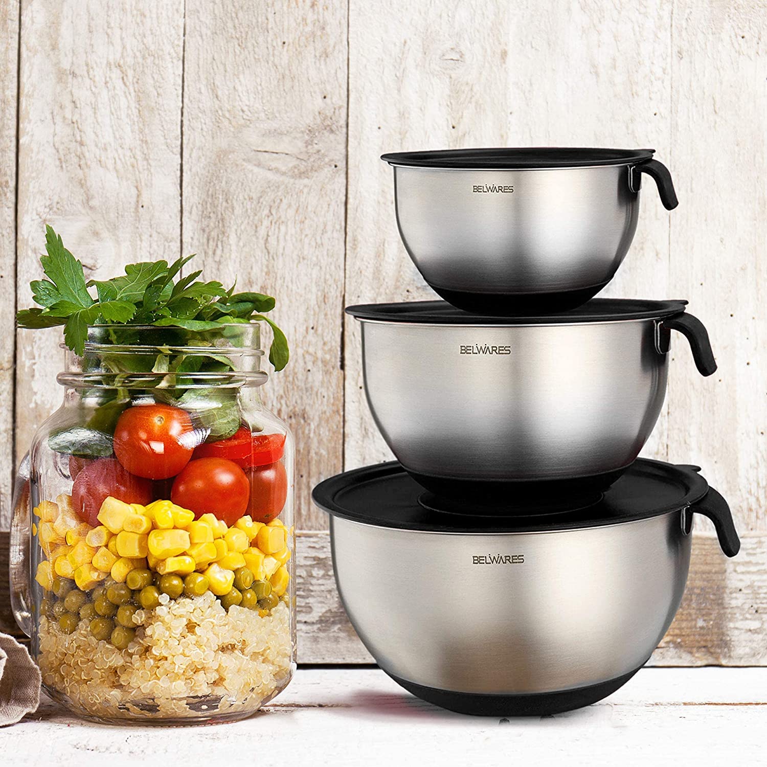 Belwares Mixing Bowls with Lids Set - Nesting Bowls with Graters, Handle, Pour Spout, Airtight Lids - Stainless Steel Non-Slip Mixing Bowl for Cooking, Baking, Prepping, Food Storage (Set of 3)