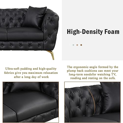 P PURLOVE Modern 3 Seater Sofa with Sturdy Metal Legs, PU Upholstered 3 Seater Sofa with Button Tufted Back, 3 Seater Sofa Couch for Living Room,Bedroom, Small Space, Black