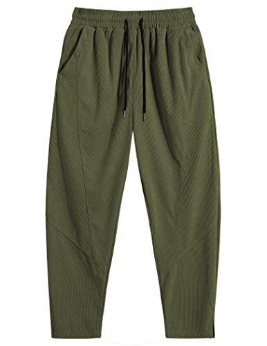 COOFANDY Men Corduroy Pants Drawstring Waist Loose Casual Long Trousers with Pockets, ArmyGreen, XL