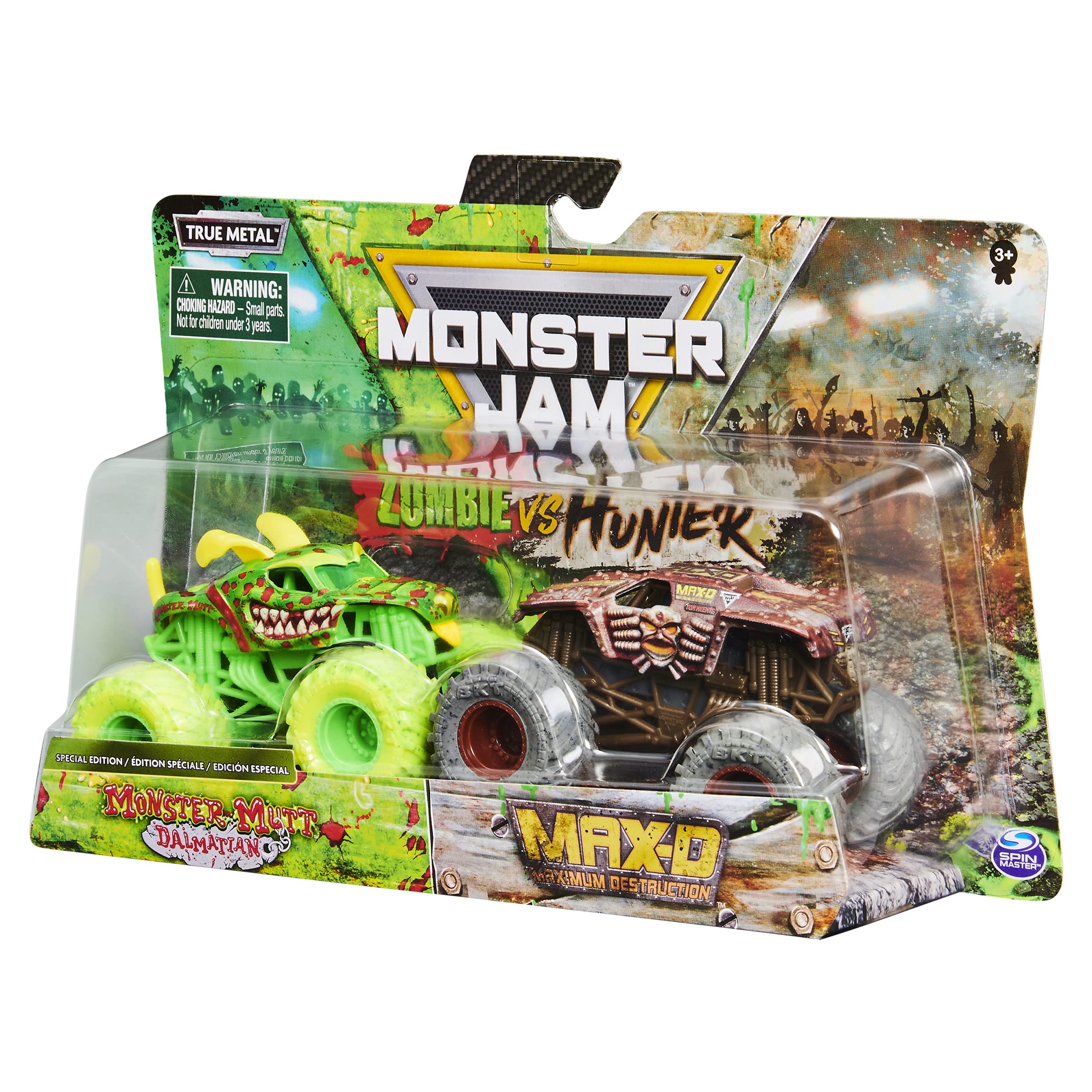 Monster Jam 2020 Zombie vs Hunter 1:64 Scale 2-Pack, Monster Mutt Dalmatian VS Max-D Maximum Destruction