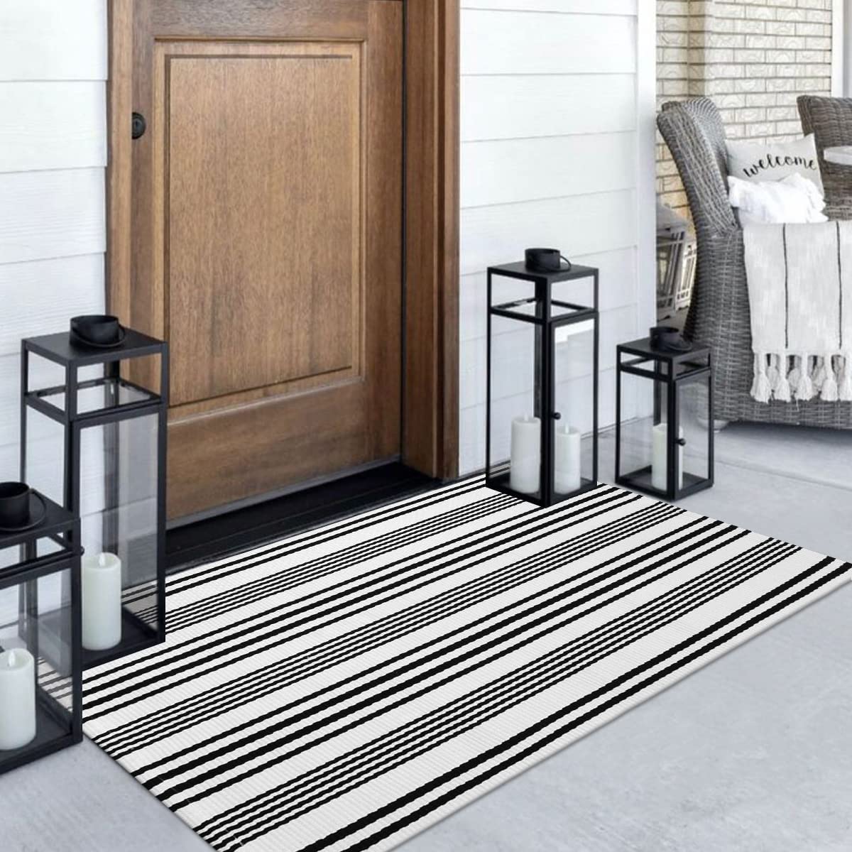Black and White Striped Outdoor Rug, 3âx5â Cotton Modern Front Porch Door Mat Hand-Woven Reversible Patio Rug Washable Layered Doorway Carpet for Farmhouse/Kitchen/Living Room