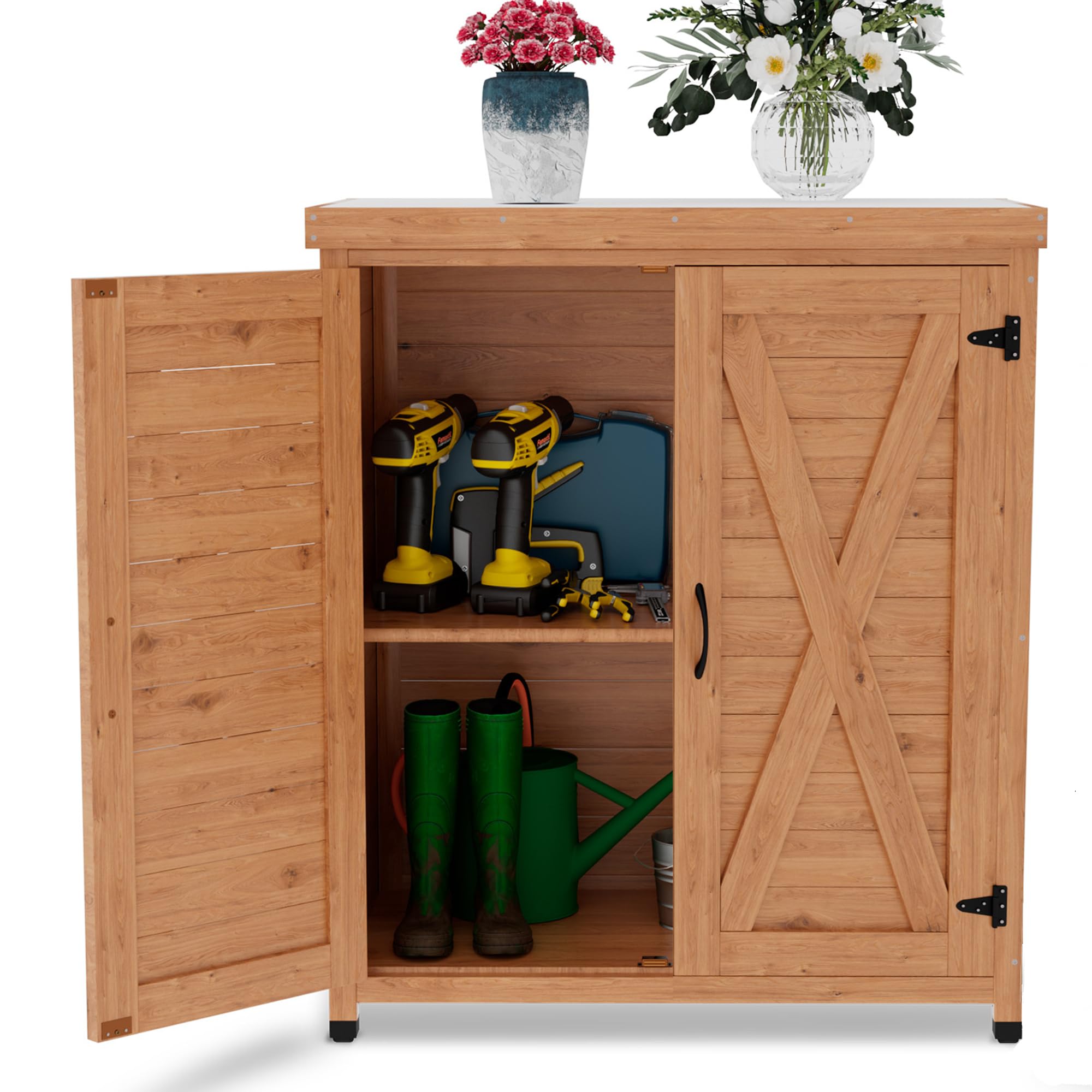 Outdoor Storage Cabinet, Wood Shed for Tool,Package Delivery Box for Porch, Deck Box,with Metal Table Top,for Outdoor Patio,for Patio, Garden, and Lawn Use,Porch,Solid Wood,31×18×36(in) Light Brown
