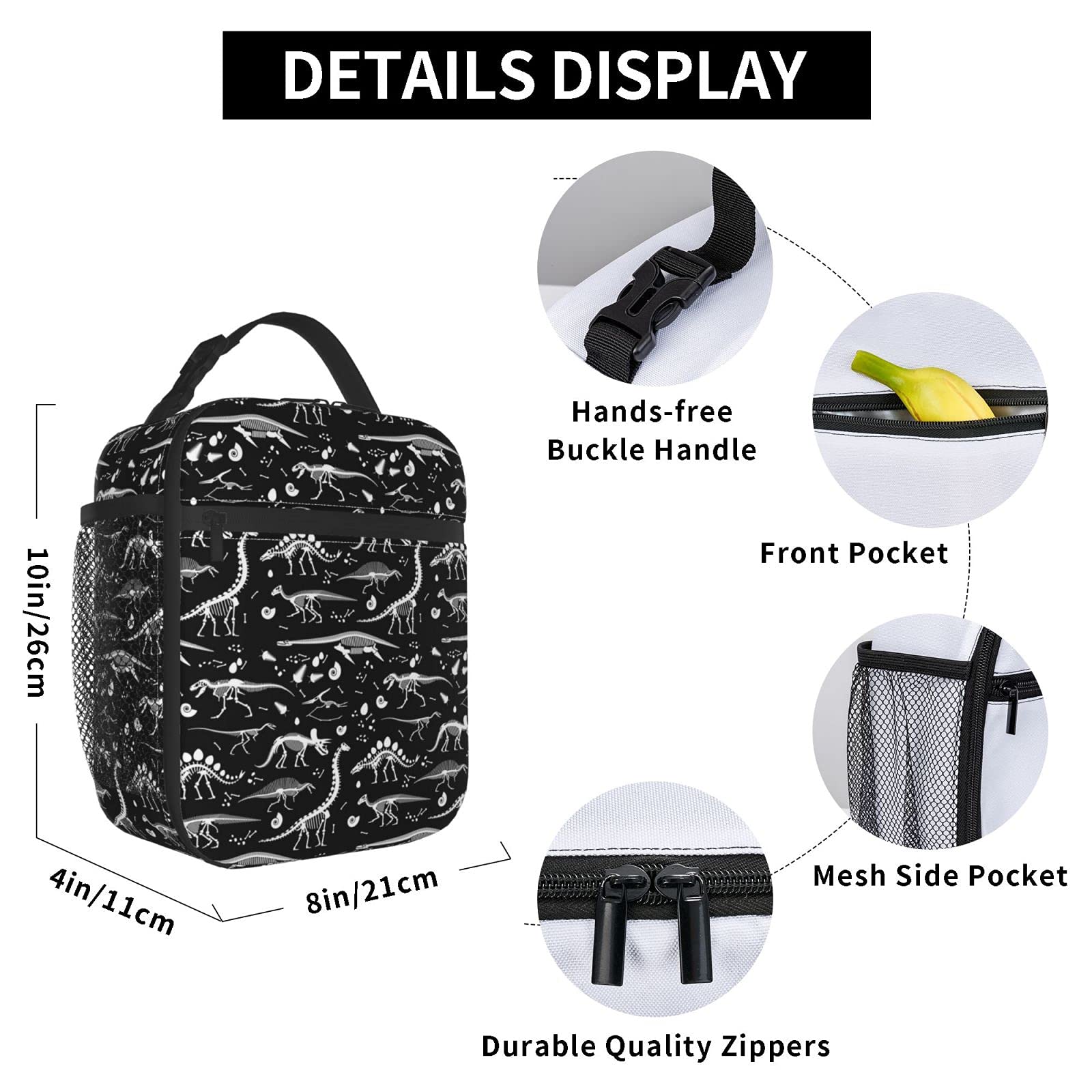 Black and White Dinosaur Skeleton Lunch Bag Insulated Lunch Box Cooler Tote with Shoulder Strap for Boys Girls Women Men