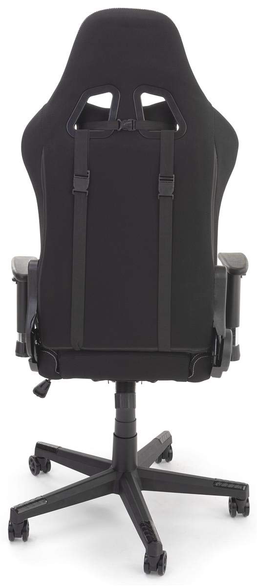 Displays2go Racing Style Gaming Chair for Office and Home Desk, Ergonomic Adjustments and Lumbar Support Pillow, Fabric Seat - Black (FDGAMECHGY)