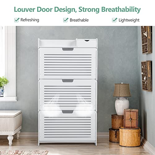 foriy Shoe Cabinet for Entryway Slim 7" Thick Hidden Shoe Storage with 3 Flip Drawers Free Standing Narrow Shoe Cabinet Rack Organizer with Pull-Down Flip Doors Adjustable Shelves Louvered Doors White