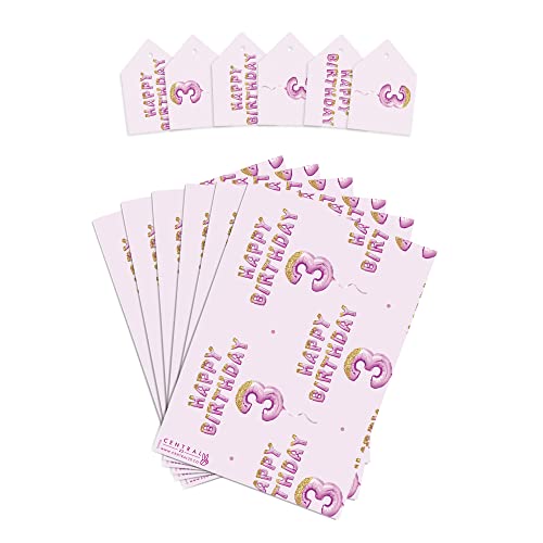 CENTRAL 23 Birthday Wrapping Paper For Girls - 6 Sheets Pink Wrapping Paper - Age Three - Happy 3rd Birthday Gift Wrap For Her - Comes With Stickers - Recyclable