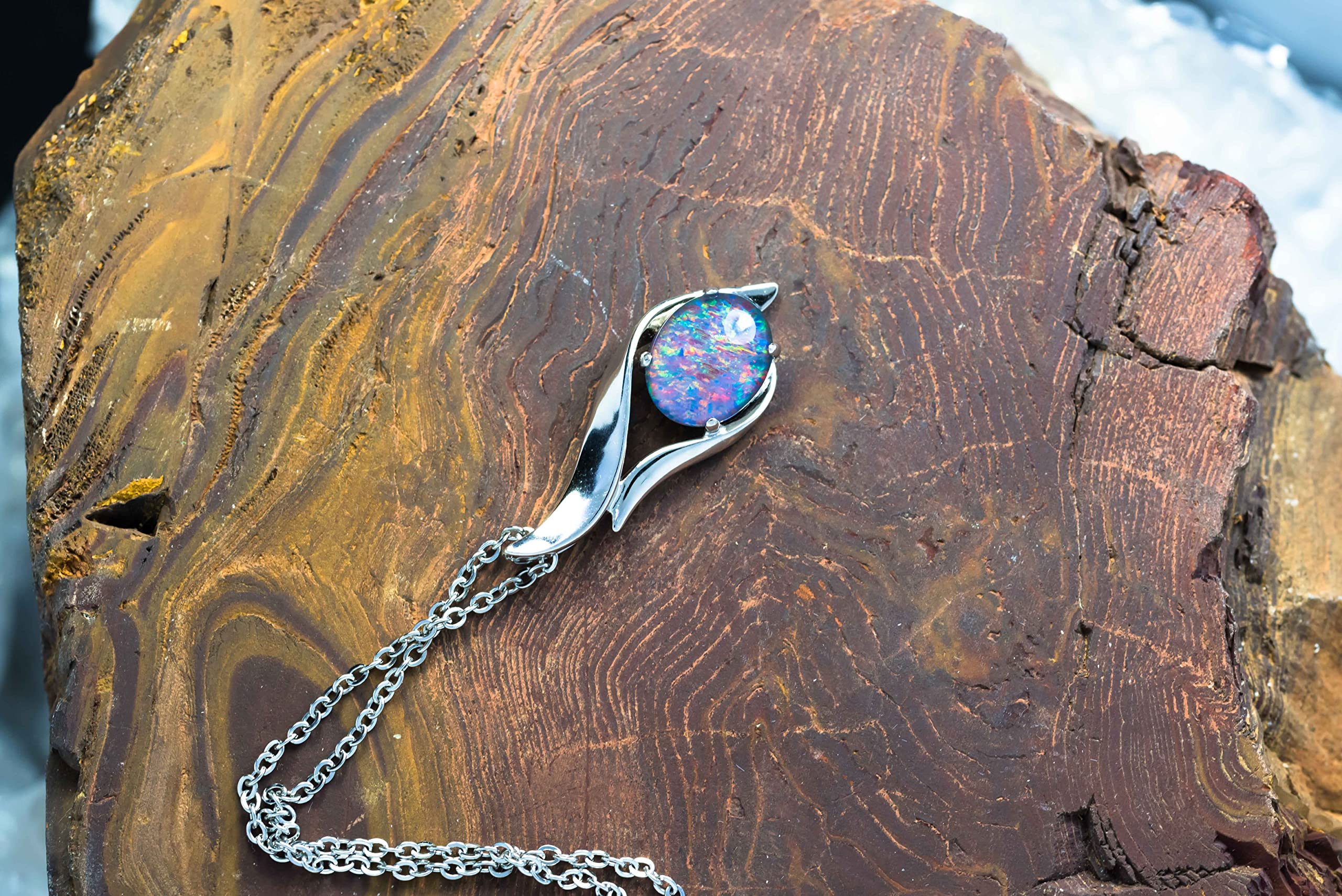 Australian Black Opal Triplet - Fire Opal - Genuine Australian Triplet Opal Necklace Pendant in 925 Sterling Silver Gold Plated Women's Jewelry