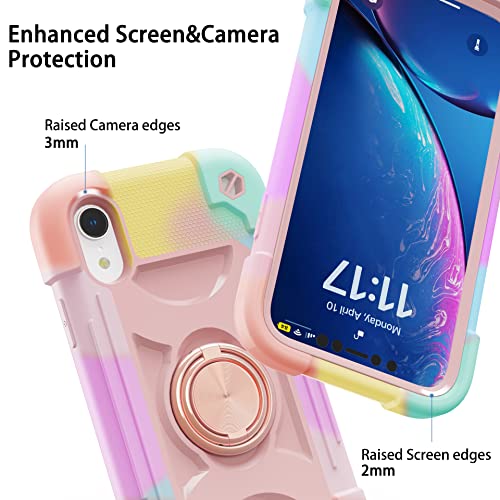 Cookiver for iPhone XR Case 6.1 Inch with Ring Stand, with 2 Pack Glass Screen Protector,Heavy-Duty Shockproof Rugged Military Grade Cover with Magnetic Car Mount for iPhone XR (Rainbow Pink)