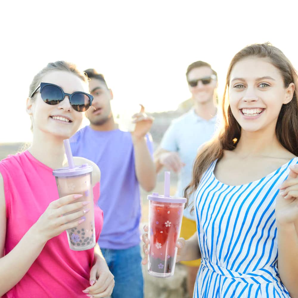 Colnic Reusable Boba Cup With Lids And Straws, 24OZ/700ml Smoothie Cups, Iced Coffee Cup, Leakproof Kawaii Cup, Bubble Tea Cup, Boba Cups With Boba Reusable Straw, Double Wall Tumbler (Purple)