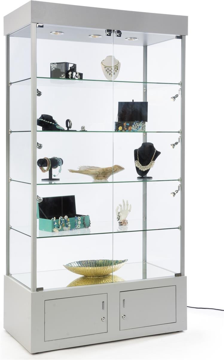 Displays2go, Tall Glass Showcase, Aluminum, Tempered Glass, Melamine β Silver, Clear (SMPLTW02SV)