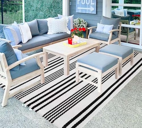 BUAGETUP Black and White Striped Outdoor Patio Rug 4' x 6',Hand Woven Cotton Patio Rug Front Porch Rug Indoor Outdoor Area Rug for Bedroom/Living/Room/Patio