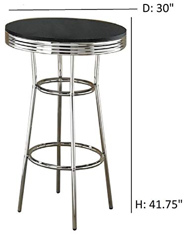 Coaster Home Furnishings Retro 1950s Soda Fountain Diner Pub Height Game Room Bar Table Black Laminate Top Sturdy Steel Chrome Base 2405