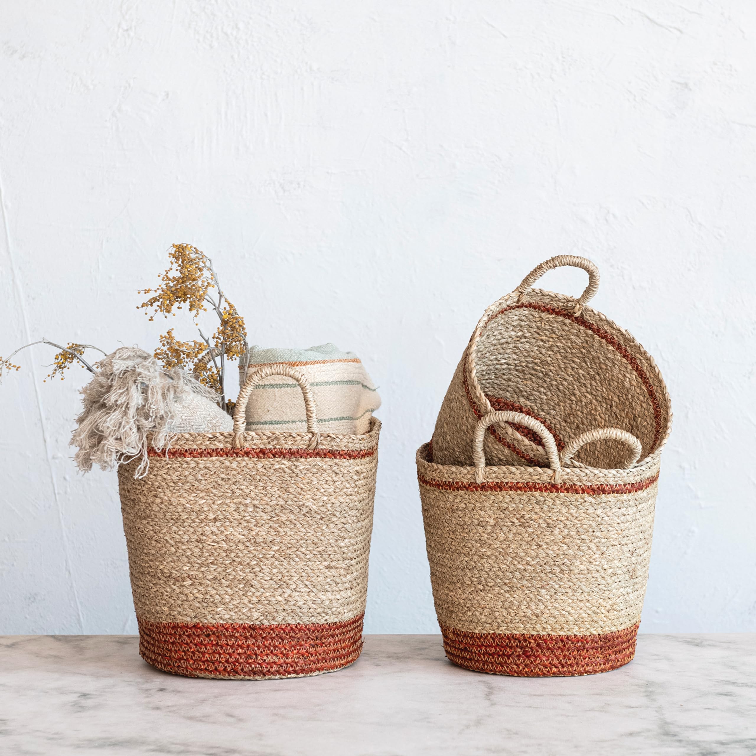 Creative Co-Op Woven Seagrass Baskets with Stripes and Handles, Natural and Brown, Set of 3