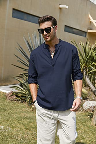 COOFANDY Mens Cotton Linen Henley Hippie Casual Beach T Shirt, Navy Blue, X-Large, Long Sleeve