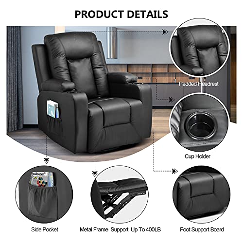 COMHOMA Leather Recliner Chair Modern Rocker with Heated Massage Ergonomic Lounge 360 Degree Swivel Single Sofa Seat with Drink Holders Living Room Chair (Black)