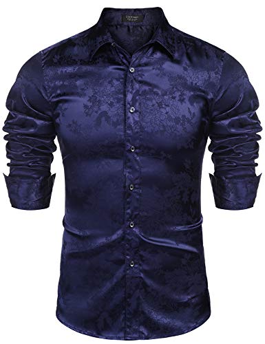 COOFANDY Mens Floral Rose Printed Long Sleeve Dress Shirts Prom Wedding Party Button Down Shirts (Deep blue)