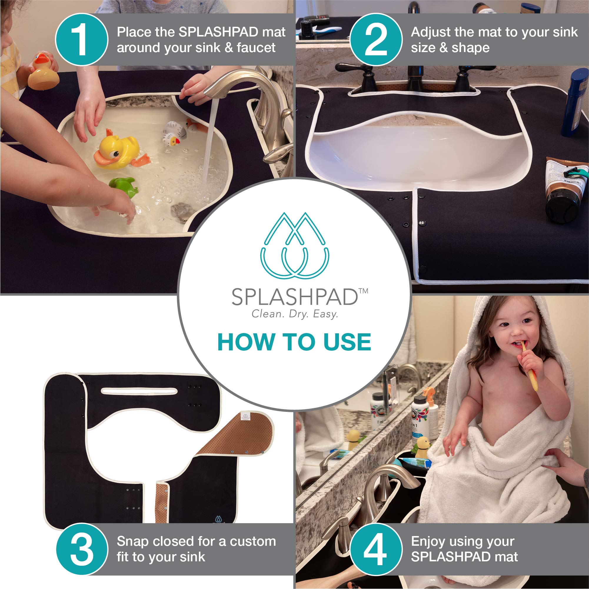SPLASHPAD Bathroom Sink Mat - for Clean & Dry Countertops - Soft, Absorbent Microfiber, Non-Slip Rubber Grip - Children's Self Care Accessories for Hand Washing, Brushing Teeth - Solid Black