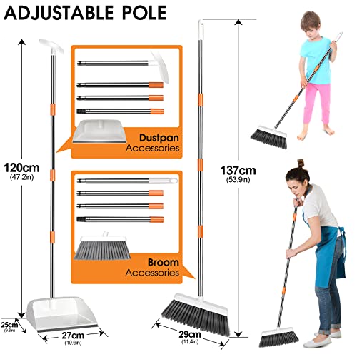 Broom and Dustpan Set,Upright Standing Dust Pans with 54" Stainless Steel Long Handle,Dustpan and Broom Combo for Home Kitchen Office Lobby Floor Cleaning,Outdoor/Indoor Household Brooms-White+Orange