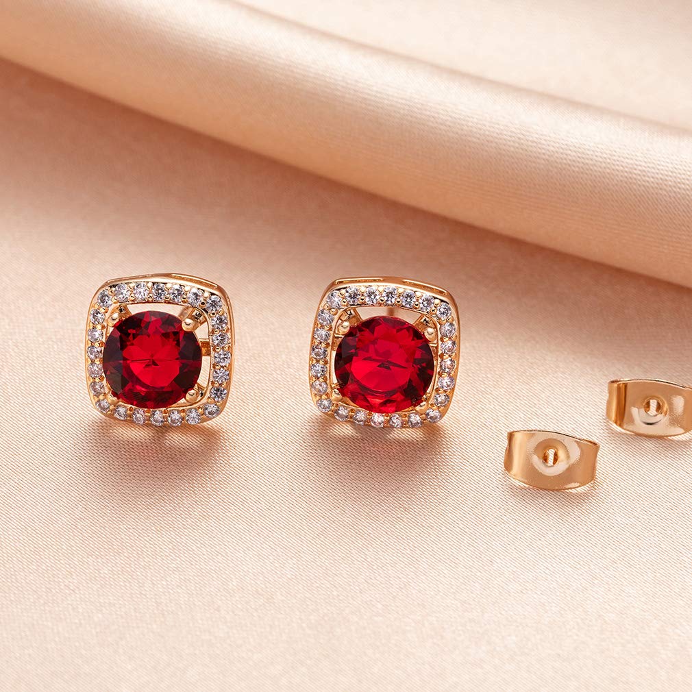 Austrian Crystal Cushion Cut Halo Stud Earrings for Women Fashion 925 Sterling Silver Hypoallergenic Jewelry (Red)
