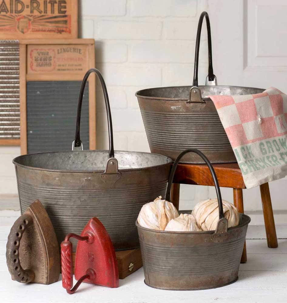 Colonial Tin Works Rustic Set of Three Round Buckets with Handles Home DƩcor, Multisizes, Gray