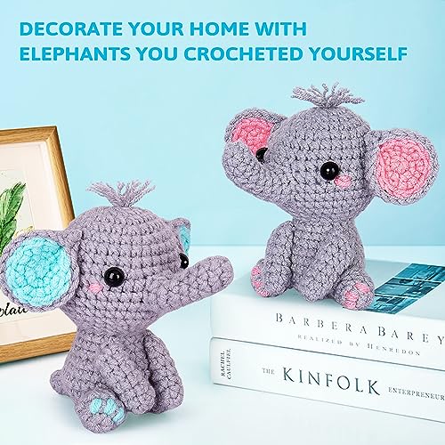 Crochetta Crochet Kit for Beginners, Beginner Crochet Starter Kit with Step-by-Step Video Tutorials, Learn to Crochet Kits for Adults Kids, DIY Knitting Supplies, 2 Pack Elephant Family (40%+ Yarn)