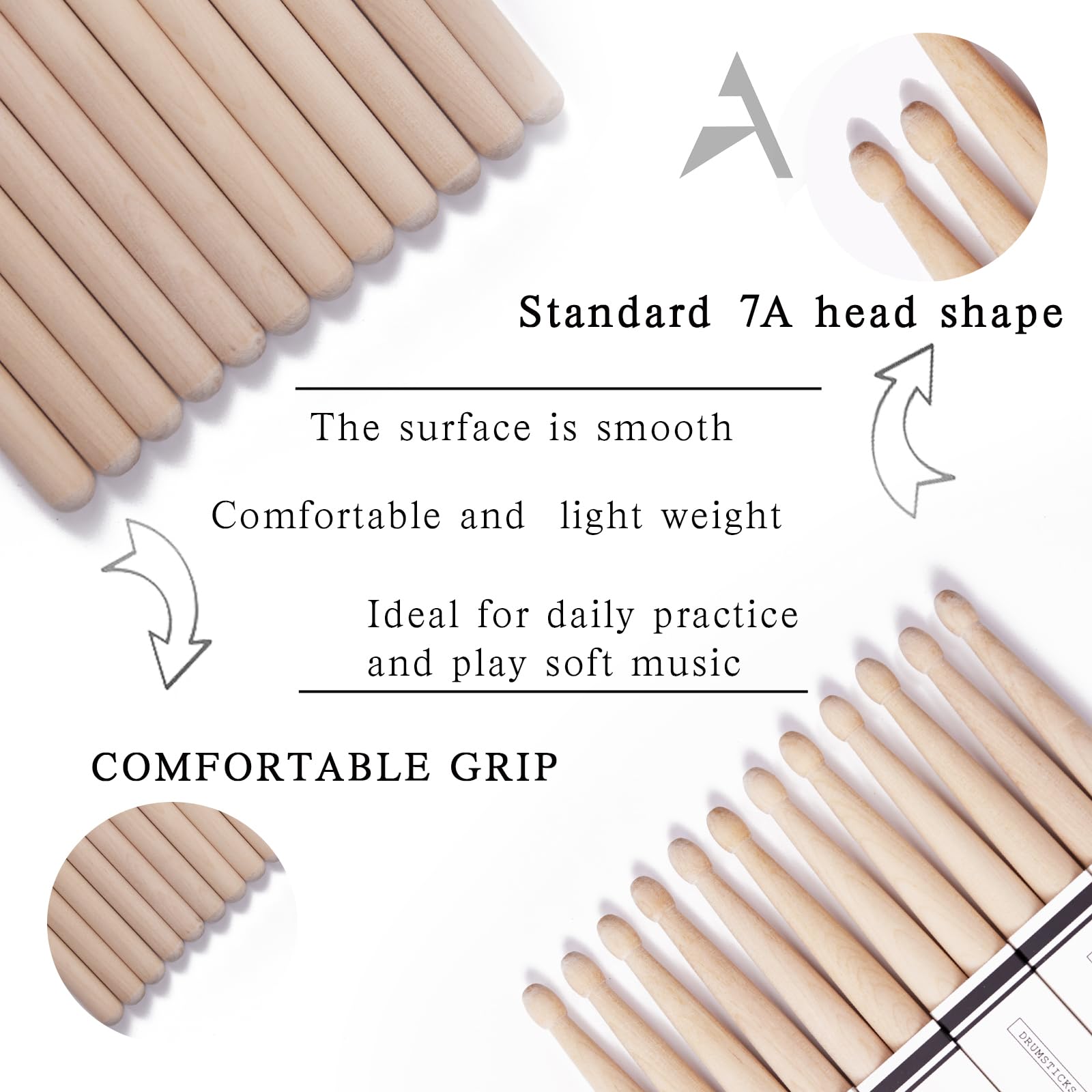 AQJUNONG Drum Sticks,7A Drumsticks, 12 Pairs Classic Maple Wood Tip Drum Sticks for Kids and Adults, Professional Musical Instrument Percussion Accessories