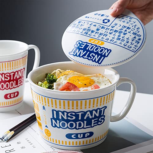 BF BEVYFOG Ramen Bowl Set with Chopsticks 32 OZ Large Ceramic Instant Ramen Noodle Bowls with Lid Gift Wrap Cute Japanese Soup Bowl with Handle, Microwave Safe (Blue)