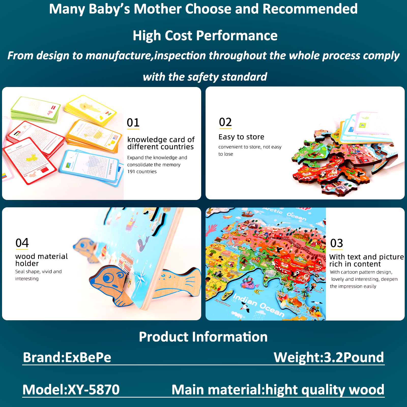 ExBePe Genuine Magnetic Wooden World Map Puzzle,92 Country Flash Cards,National Flags Introduction,Preschool Learning Education Geography Toy for Kid Ages 3+