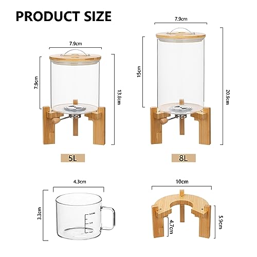 HBlife Glass Rice Dispenser with Wooden Stand Flour and Cereal Container with Glass Measuring Cup Pantry Food Organization Storage Bin with Airtight Bamboo Lid, 5L