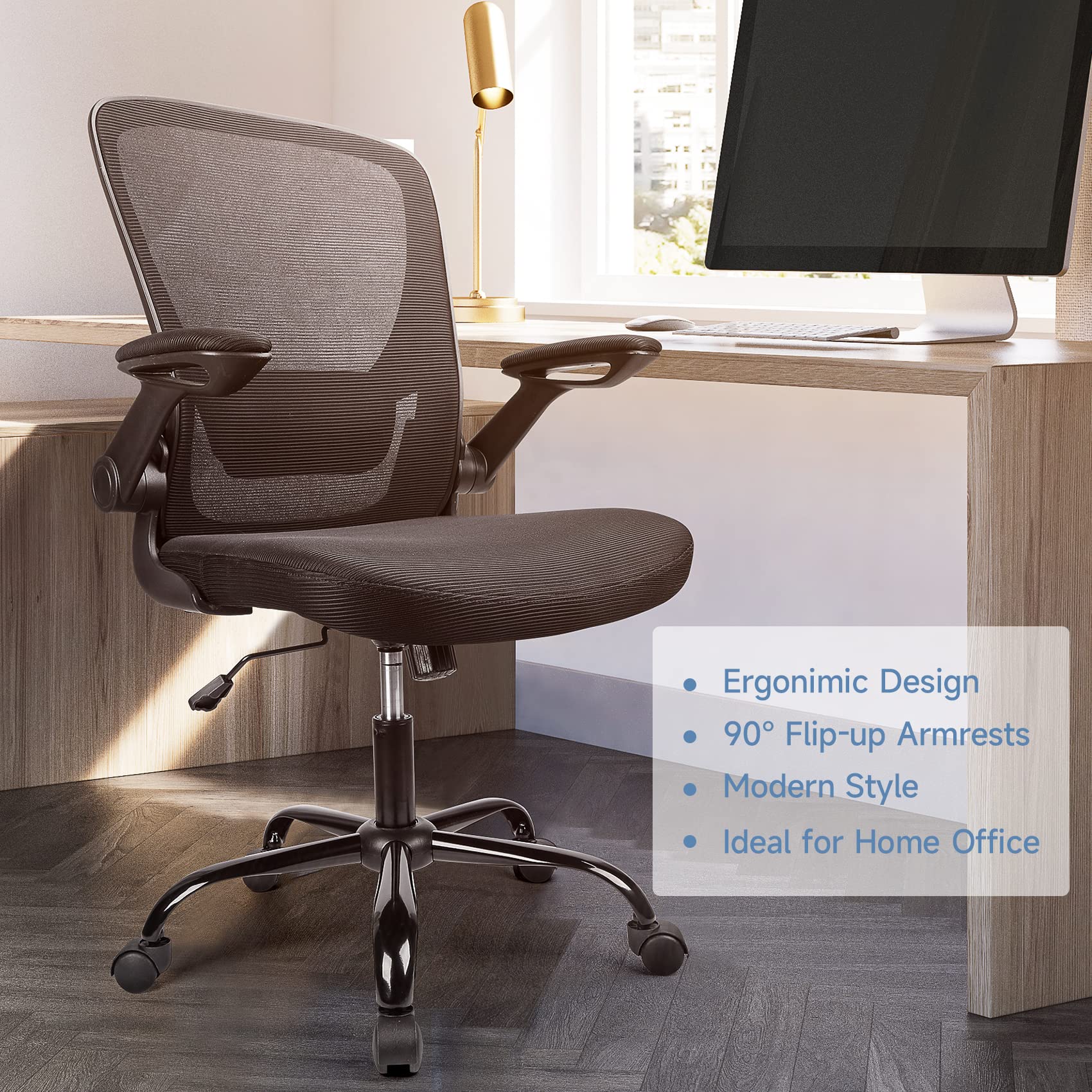 Ergousit Ergonomic Home Office Chair, Mesh Office Chair Flip Up Arms with Lumbar Support, Adjustable Comfortable Computer Desk Chair Ergonomic, 250Lbs Capacity (Black)