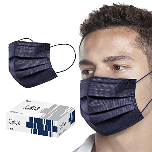 CSD Colo Mood Disposable Face Mask, 3 Ply Filter Protection with Colored Elastic Earloop, Breathable and Comfortable for Adult, Dark Denim 30 Pcs/Box