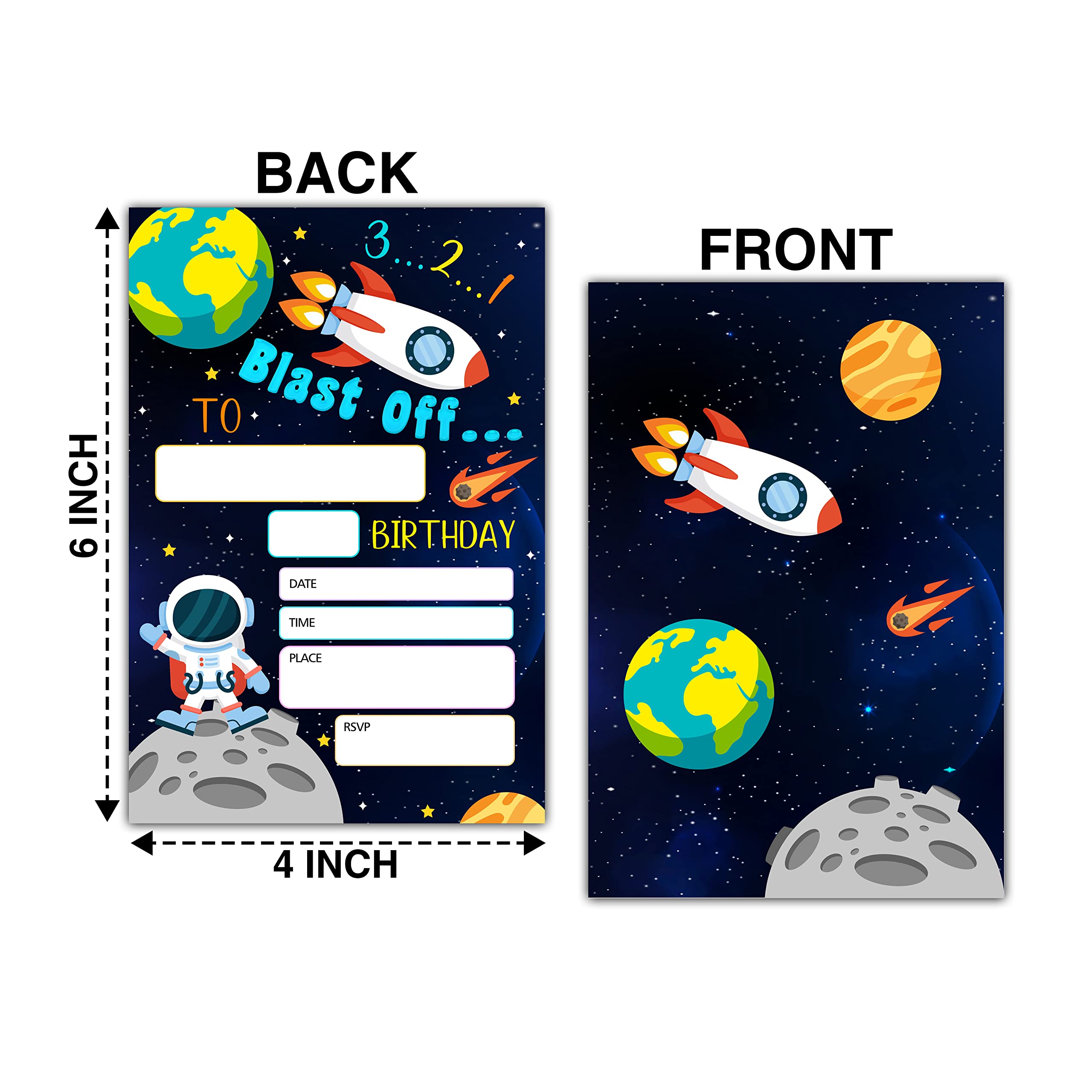 Buildinest Outer Space Birthday Party Invitations with Envelopes (20-Pack), 4"x6" Planets Rocket Ship Astronaut Birthday Invitation Cards, Galaxy Blast Off Party Invites-B15