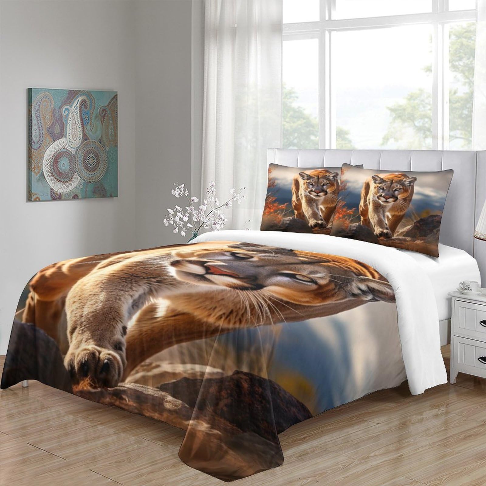 BUKISA Mountain Lion Duvet Cover Set Soft Microfiber Bedding Set Breathable Cougar Quilt Cover with Hidden Zipper Closure and Comforter Cover Sheet Pillowcase Queens(228x228cm)