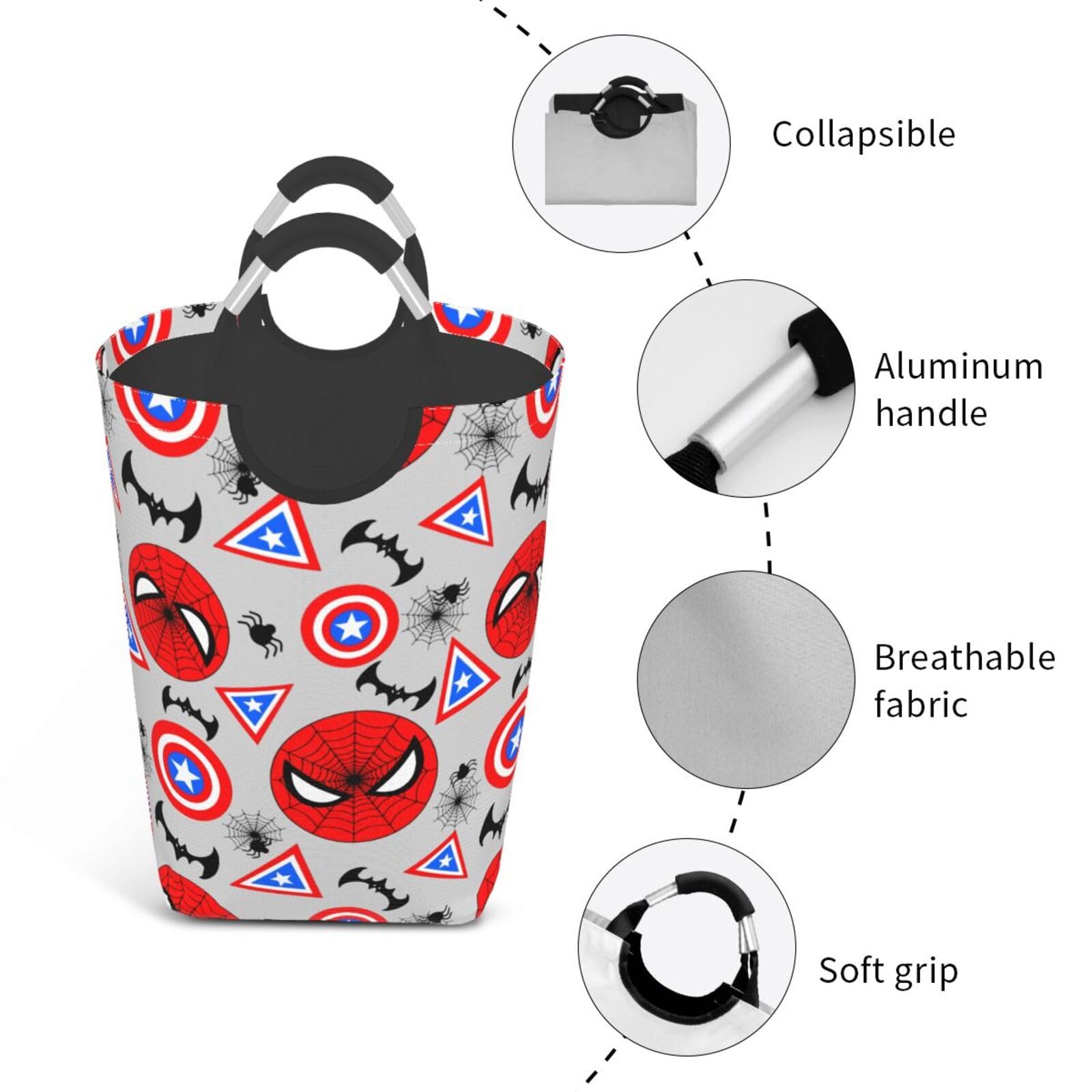 Bukoigo Cartoon Spider Web Bat Shield Laundry Basket Waterproof Durable Dirty Clothes Storage Baskets Gray Background Laundry Hamper Washing Bag for Home Dorm 50L, Black