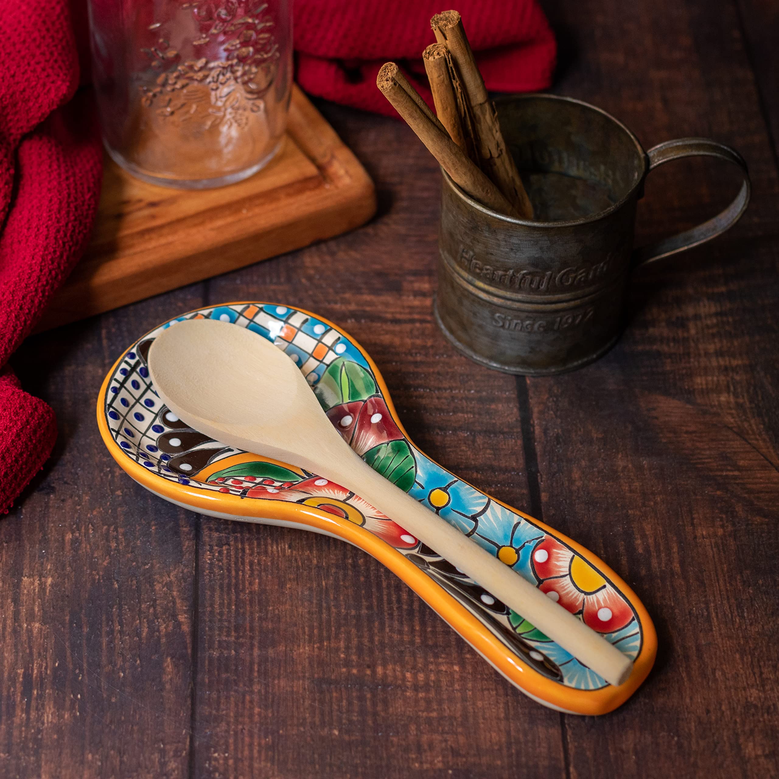 Colorful Ceramic Spoon Rest β Hand-Painted Large Talavera Kitchen Utensil Holder for Counter & Stove Top in Gift Box - Dishwasher Safe Lead Free Cooking Ladle Dish Mexican Style Cuchara Multicolor