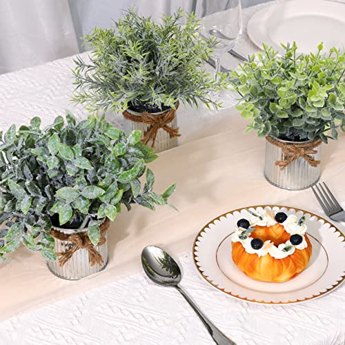 CEWOR 3 Pack Fake Potted Plants for Farmhouse Decor, Artificial Eucalyptus Metal Pots in Rustic Rectangular Pots Table Centerpiece for Dining Room Bathroom Desk Room Office Greenery Decor or Gift