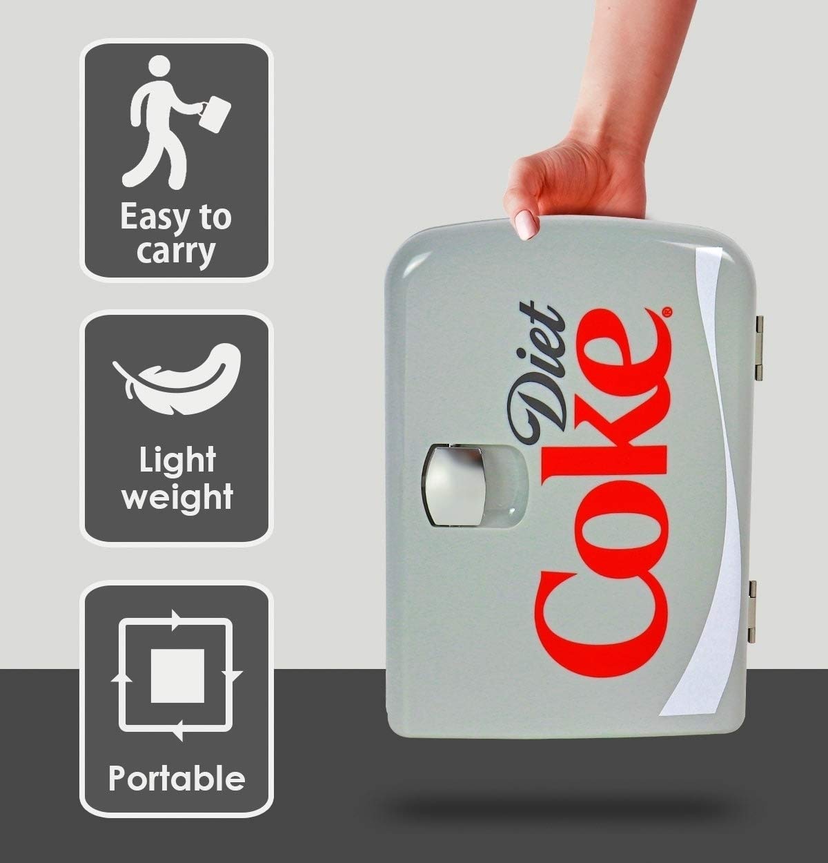 Coca-Cola Diet Coke 4L Mini Fridge Cooler/Warmer 12V DC 110V AC 6 Can Portable Personal Travel Refrigerator for Snacks Drinks Cosmetics Desk Home Office Dorm Gray with Iconic Design & Chrome Accents
